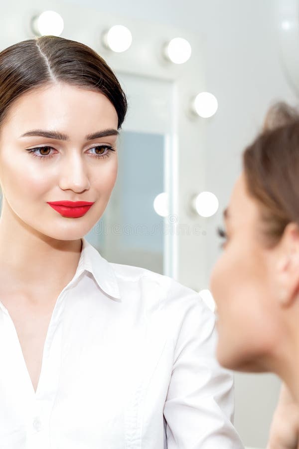 Makeup Artist Looks on Client Stock Image - Image of client, hand ...