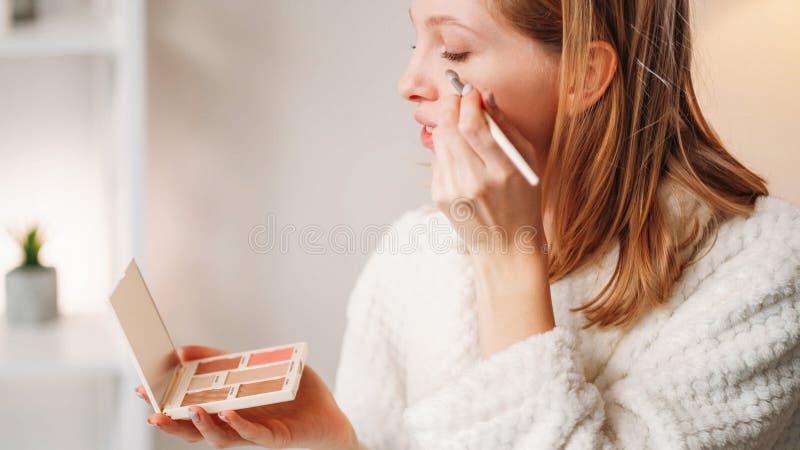 Makeup Artist daily Routine Girl Powder Brush Robe Stock Image - Image ...