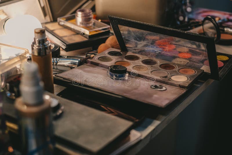 Makeup Artist Tools. the Work Table of the Make-up Artist. Eyeshadow ...