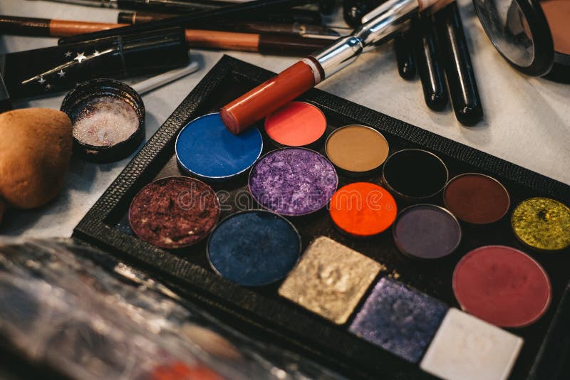 Makeup Artist Tools. the Work Table of the Make-up Artist. Eyeshadow ...