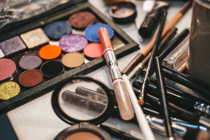 Makeup Artist Tools. the Work Table of the Make-up Artist. Eyeshadow ...