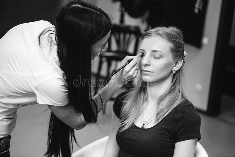 Makeup Artist at Work Black and White Photo Stock Photo - Image of ...