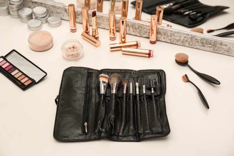 Makeup Artists Workplace with Tools and Cosmetic Stock Photo - Image of ...