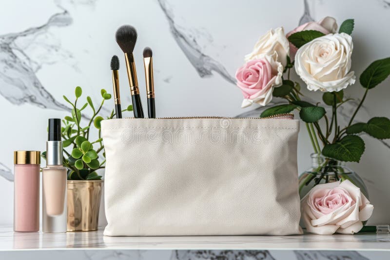 A Makeup Bag with a Pink Purse Sits on a Table with a Variety of Makeup ...