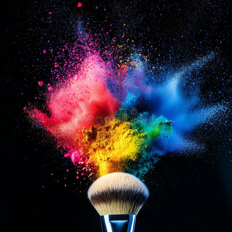 Makeup Brush on Black Background with Dust Particles and Paint Brush ...