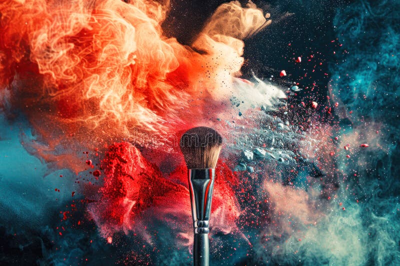 Makeup Brush with a Burst of Colorful Powder on Dark Background Stock ...