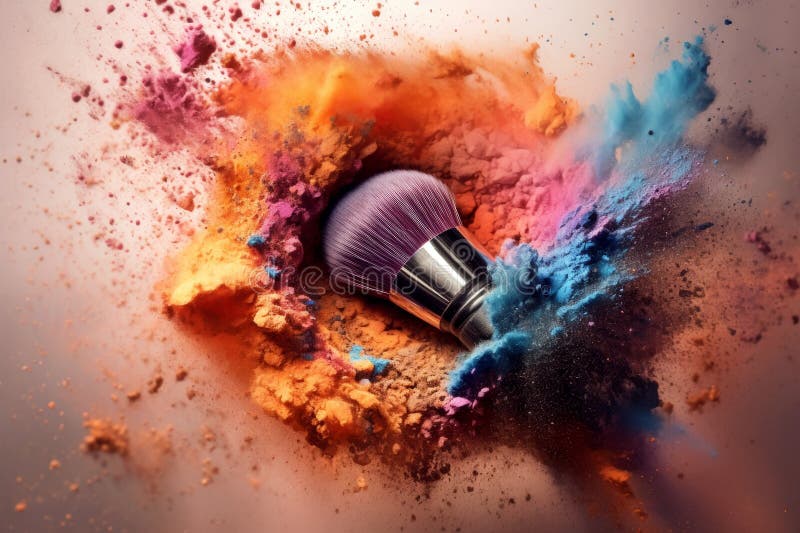Makeup Brush with Colorful Powder Explosion or Eyeshadow Isolated in ...