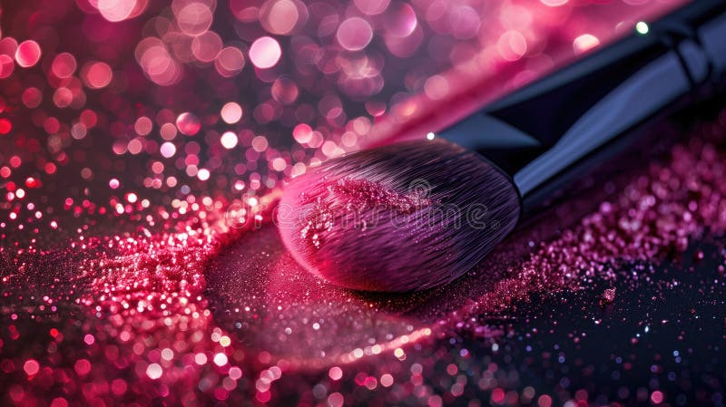 Makeup Brush with Pink Eyeshadow Palette on Shiny Glitter Background ...