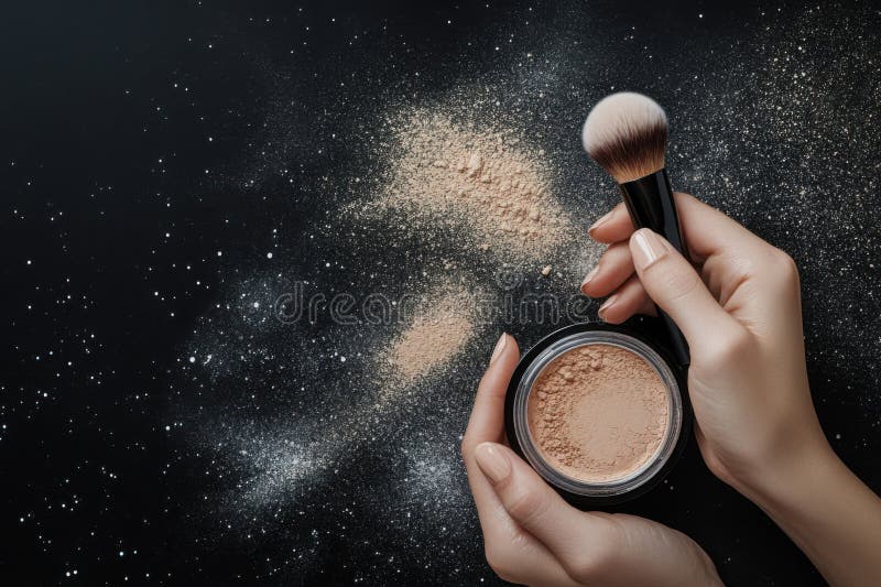 Makeup Brush and Powder on Black Background Stock Photo - Image of ...