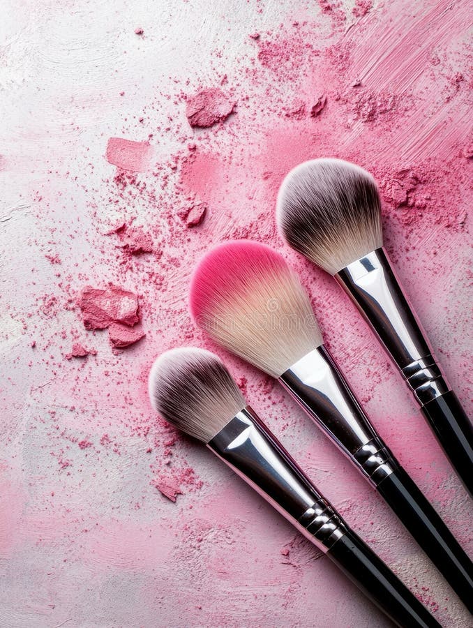 Scattered Makeup Brushes with Blush Strokes on a Light Pastel ...