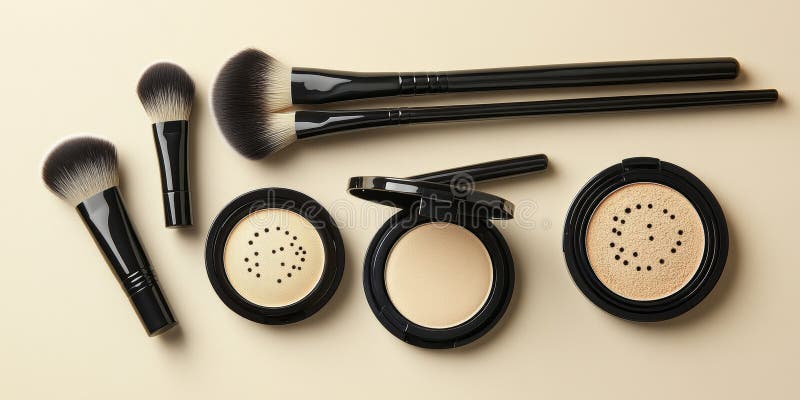 Makeup Brushes and Powder Compacts Arranged on a Soft Peach Background ...