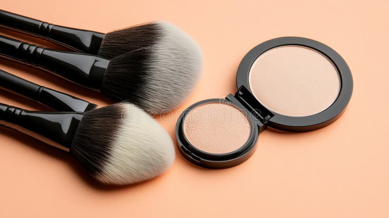 Makeup Brushes and Powder Compacts on Peach Background Beauty and ...