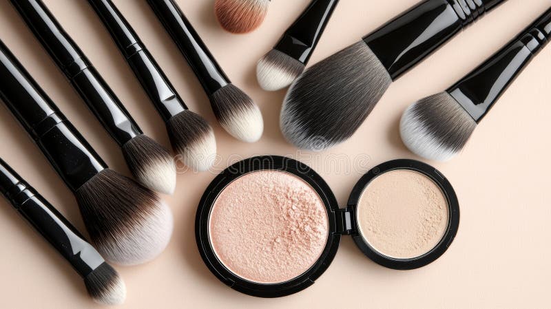 Makeup Brushes and Powder Compacts on Peach Background Beauty and ...