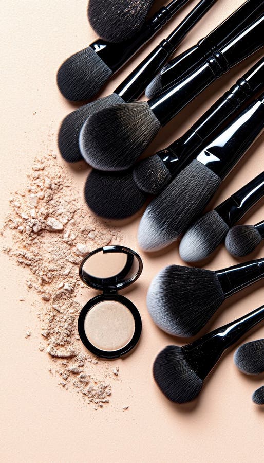 Makeup Brushes and Powder Compacts on a Peach Background, Beauty and ...