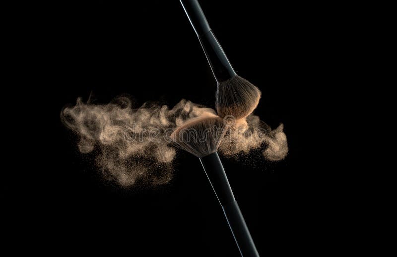 Makeup Brushes, with Scattering Powder, Isolated on Black Background ...