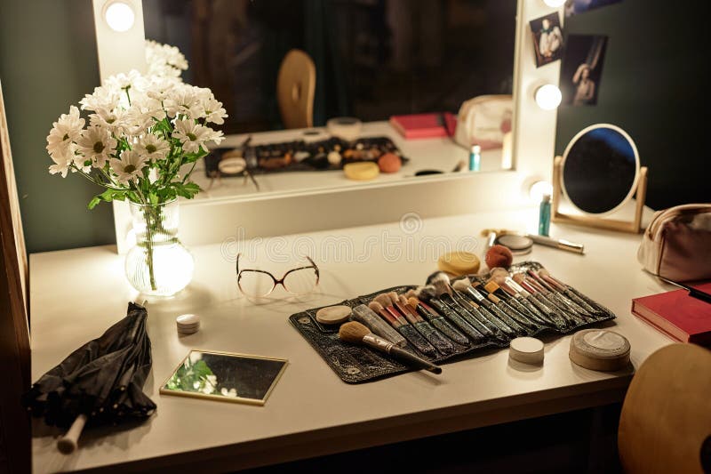 Makeup Brushes on Vanity Table Backstage in Theater Stock Image - Image ...