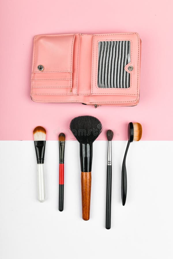 Makeup Brushes. and Wallet. Flat Lay. Visage and Money Concept Stock ...