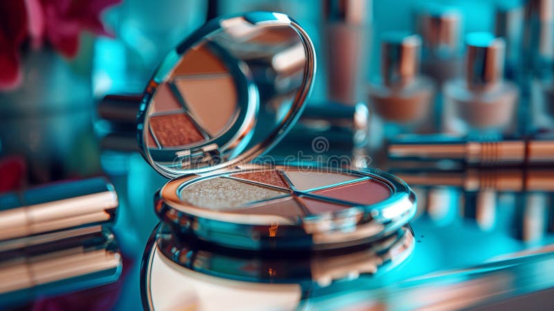 Open Makeup Compact with Mirror on Reflective Surface in a Brightly Lit ...