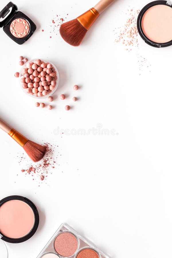 Makeup Concept. Frame with Decorative Cosmetics and Brushes on White ...
