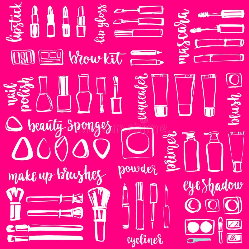 Makeup Cosmetic Elements Pattern with Lettering. Stock Vector ...