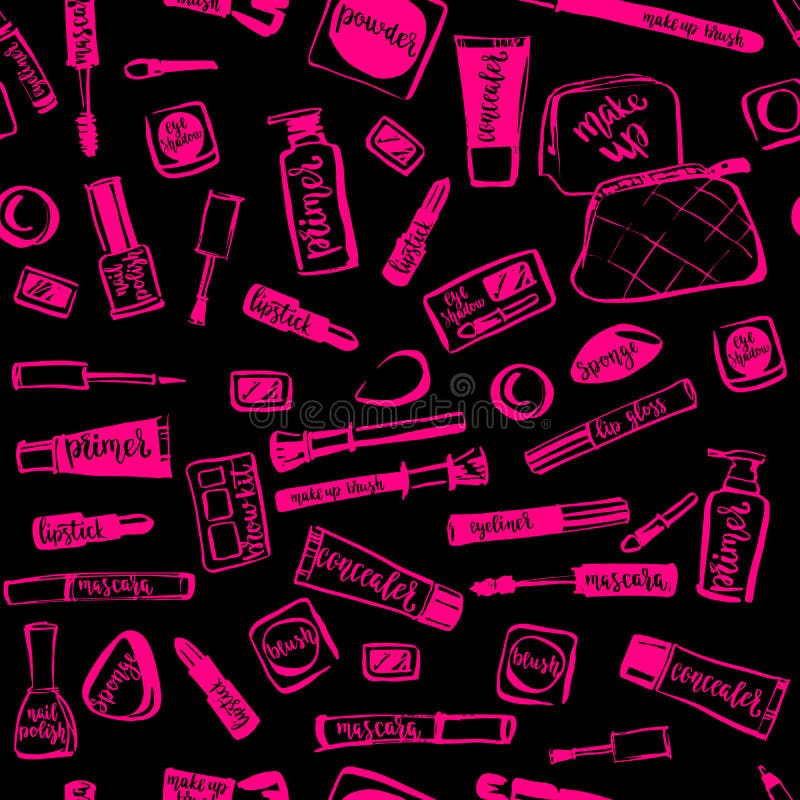 Makeup Cosmetic Elements Pattern with Lettering. Stock Vector ...