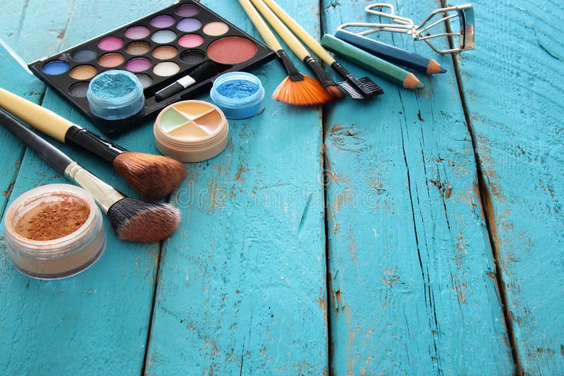 Makeup Cosmetics Beauty Tools and Brushes on Wooden Background Stock ...