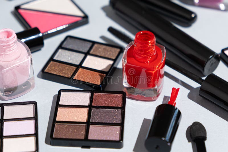 Makeup Cosmetics on a Blue Background Stock Image - Image of ...