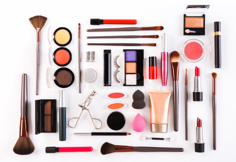 Makeup Cosmetics Tools and Essentials, Flat Lay on White Background ...