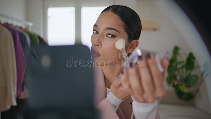 Makeup Creator Applying Foundation Talking at Apartment. Woman Visage ...