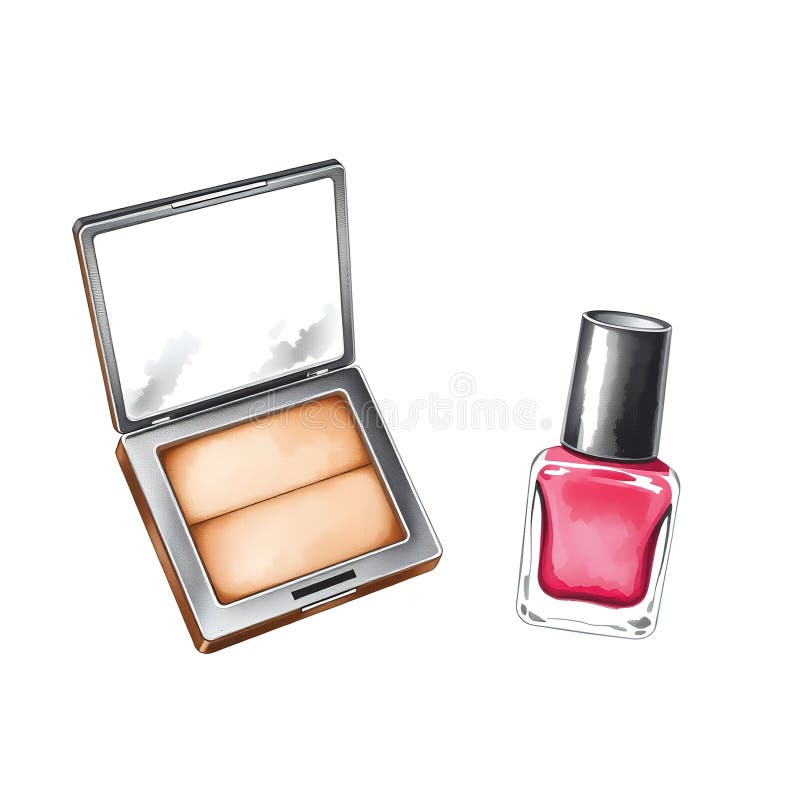 Makeup Essentials Compact Powder and Pink Nail Polish Illustration ...