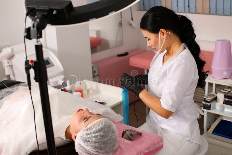 Makeup Eyebrows Master Does the Preparation of the Line Design ...