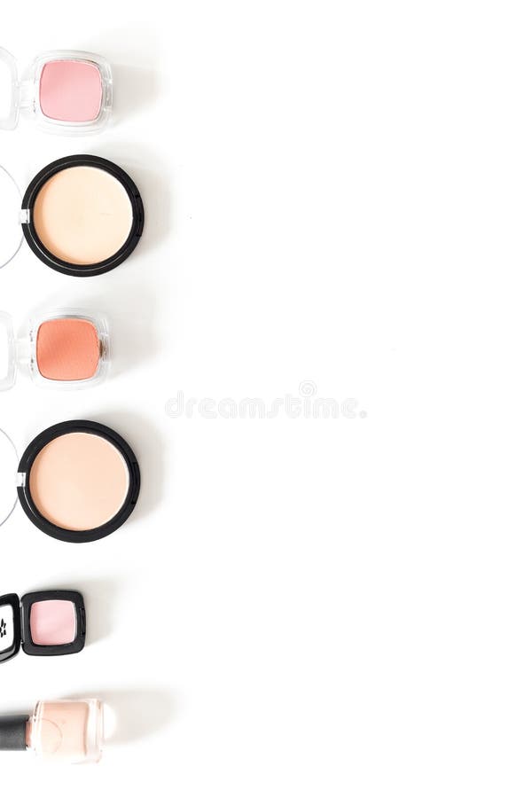 Makeup Kit. Eyeshadows and Blushes on White Table Background Top View ...