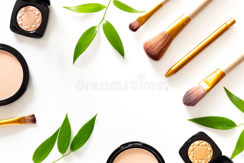 Makeup Kit. Eyeshadows, Brushes, Blushes on White Table Background Top ...