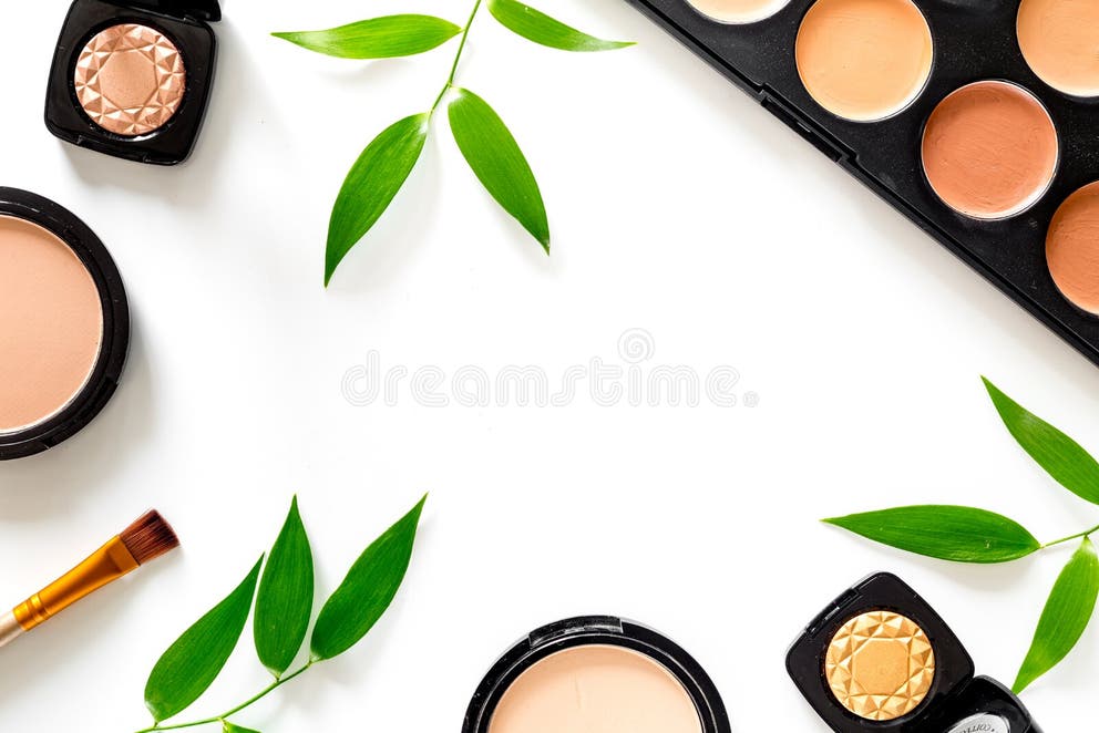 Makeup Kit. Eyeshadows, Brushes, Blushes on White Table Background Top ...