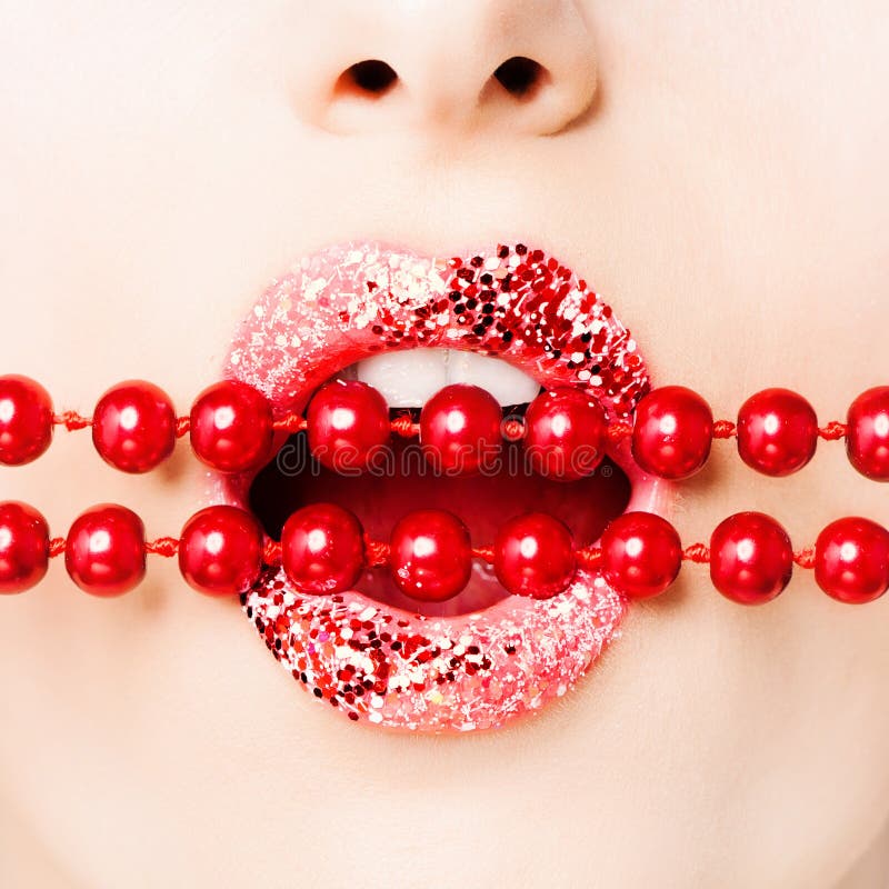 Makeup Lips with Red and Pink Glitter Lipstick. Shiny Lips Closeup ...