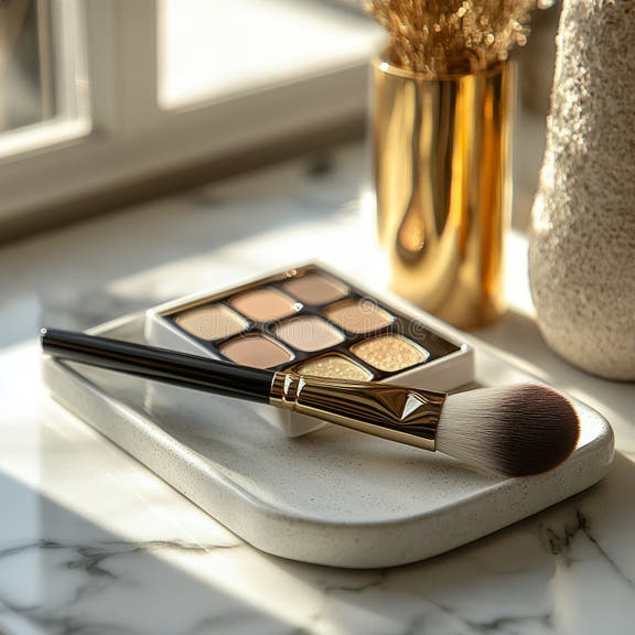 Makeup Palette and Brush on a Marble Tray with Warm Light. Stock Photo ...