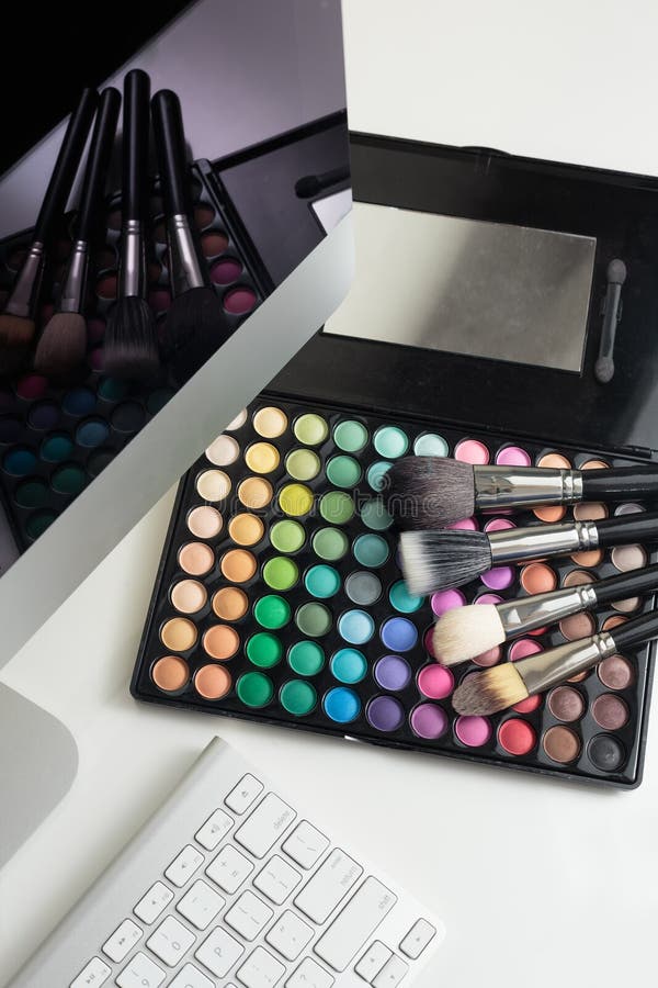 Makeup Palette with Brushes, Keyboard, Computer Monitor Stock Image ...