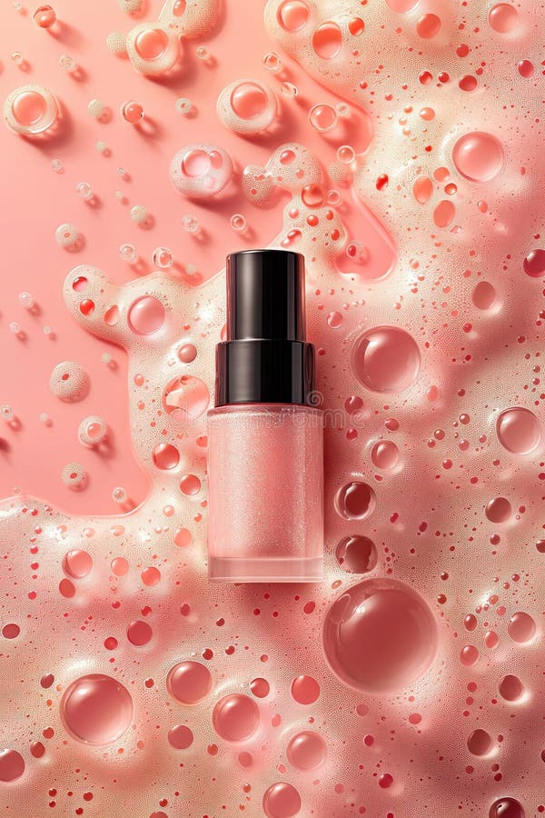Makeup Primer Bottle Amidst a Pink Bubbly Liquid Background. Stock ...