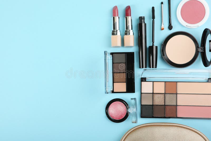 Makeup Products On Color Background Top View. Stock Photo - Image of ...