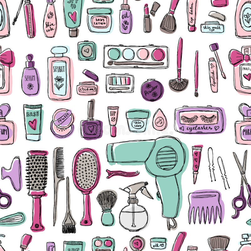 Makeup Products Set. Cosmetics. Seamless Hand Drawn Vector Illustration ...