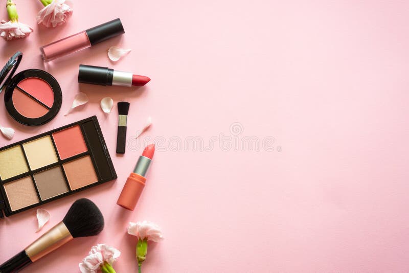 Makeup Professional Cosmetics on Pink Background. Stock Image - Image ...