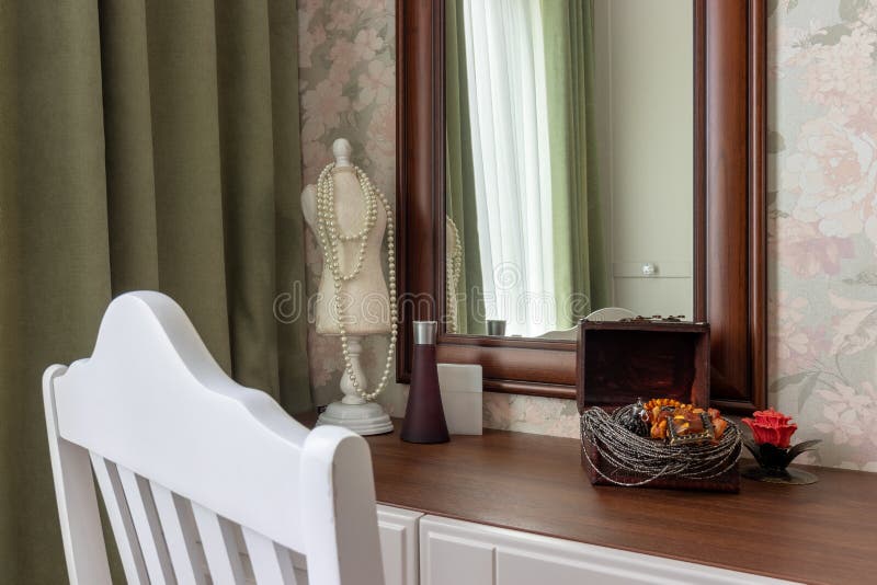 Makeup Room Interior with Wooden Table and Large Mirror Stock Image ...