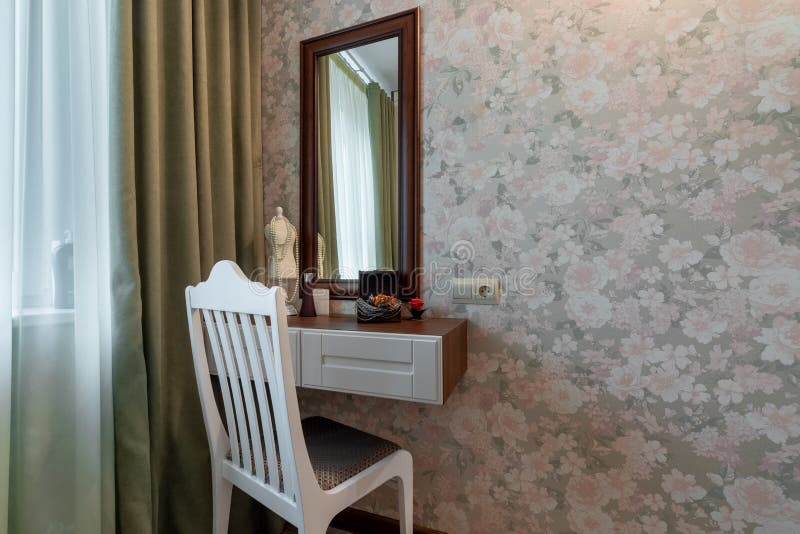 Makeup Room Interior with Wooden Table and Large Mirror Stock Image ...