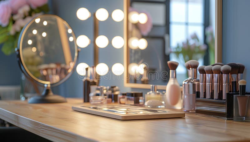Makeup Room Interior with Wooden Table and Large Mirror Stock Image ...