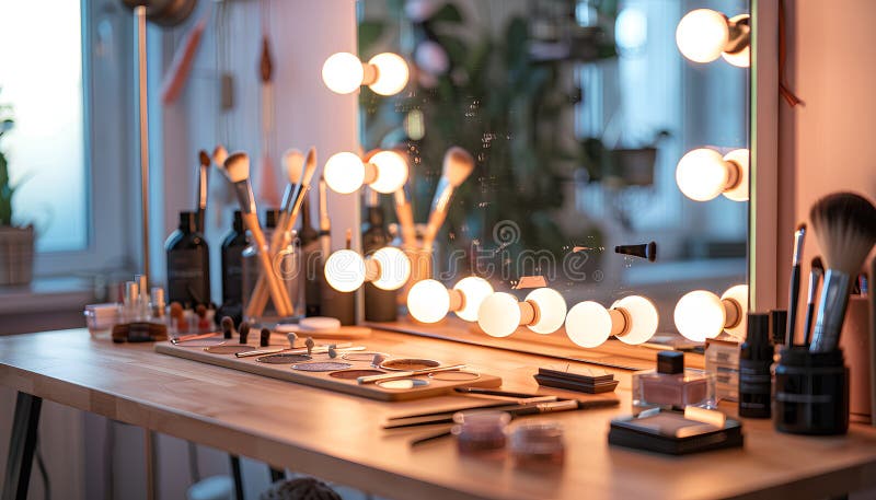 Makeup Room Interior with Wooden Table and Large Mirror Stock Photo ...