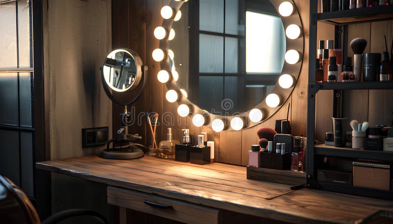 Makeup Room Interior with Wooden Table and Large Mirror Stock Photo ...