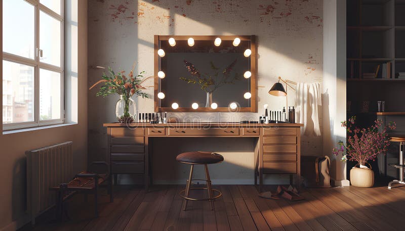 Makeup Room Interior with Wooden Table and Large Mirror Stock Image - Image of luxury, table ...