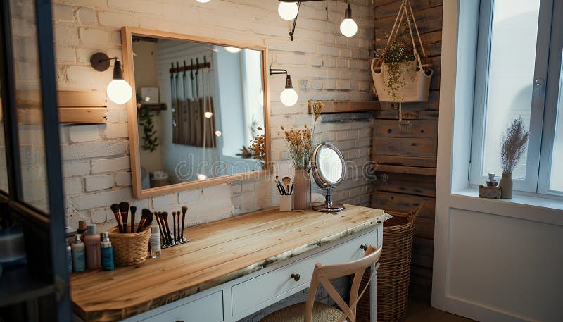 Makeup Room Interior with Wooden Table and Large Mirror Stock Image ...