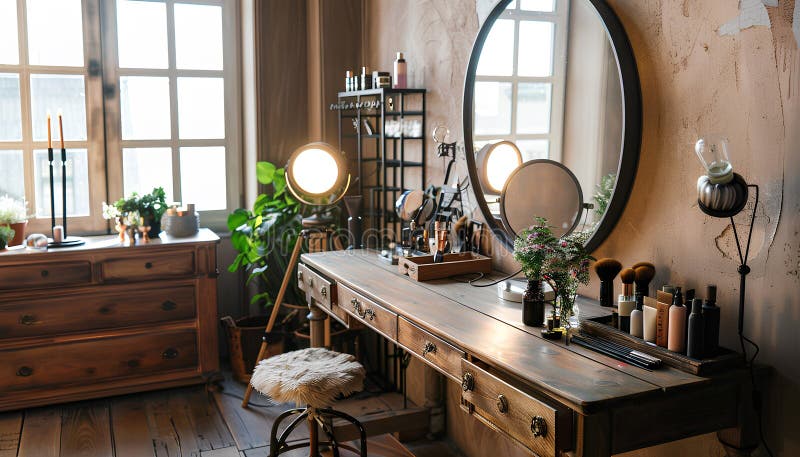 Makeup Room Interior with Wooden Table and Large Mirror Stock Photo ...