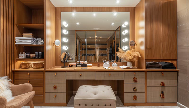 Makeup Room Interior with Wooden Table and Large Mirror Stock Photo ...